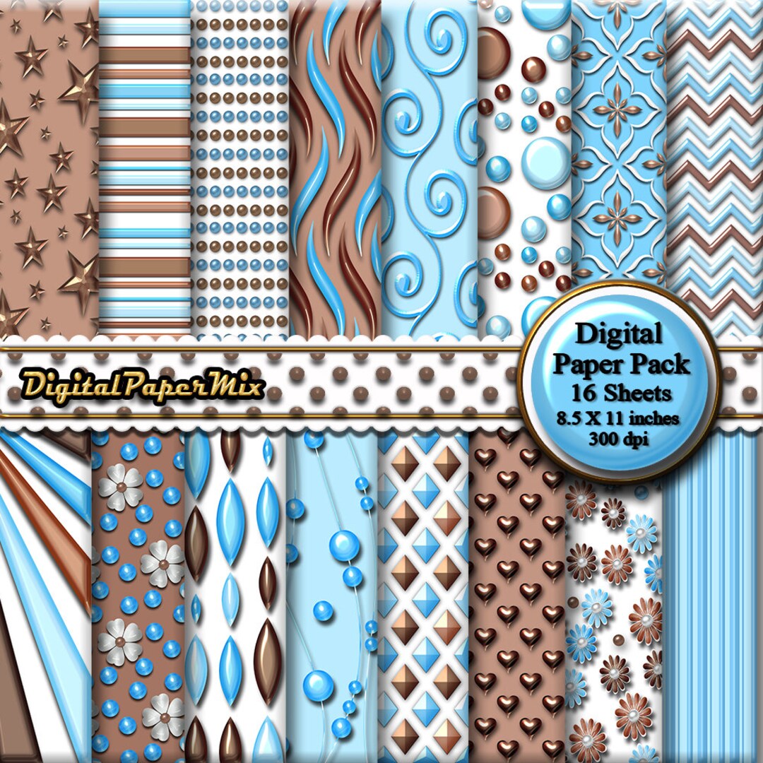 Brown Light Blue Digital Paper, Embossed Digital Paper, Digital ...