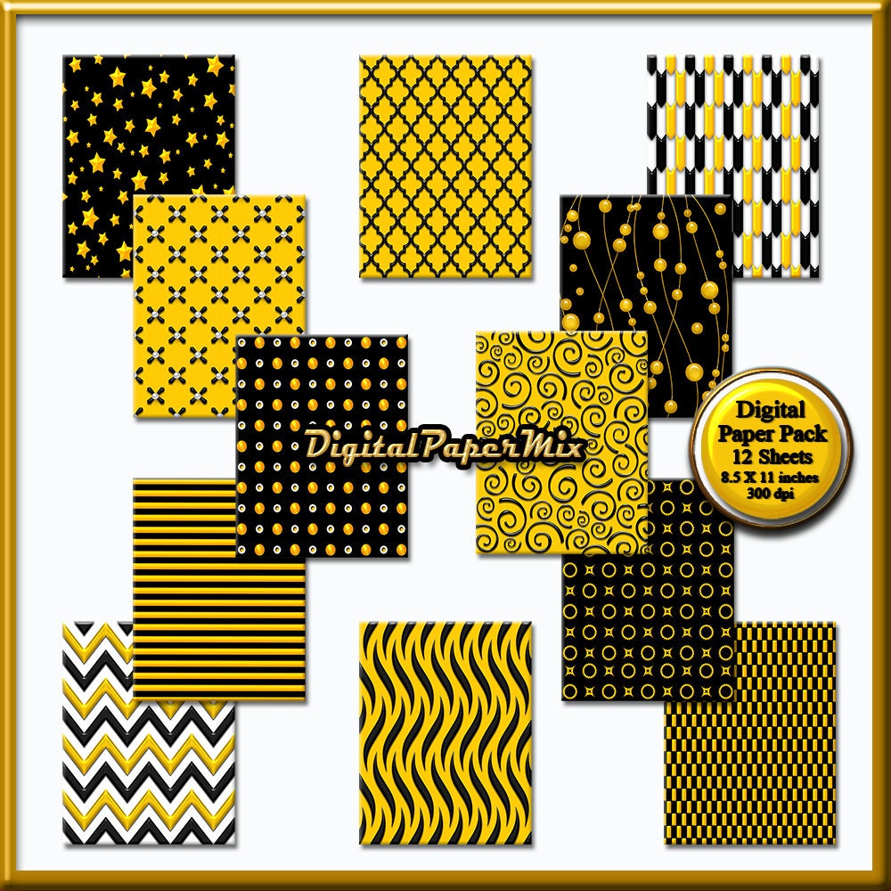 Bright Yellow Black Digital Paper, Embossed Digital Paper Backgrounds ...