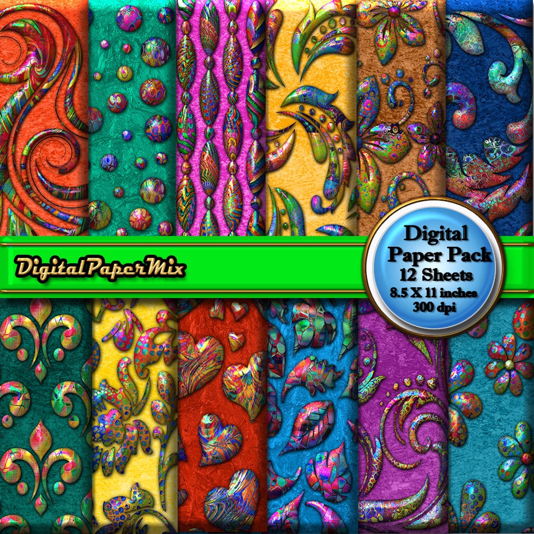 12 Digital Paper, Abstract Bohemian, Floral, Swirl Digital Paper Pack ...