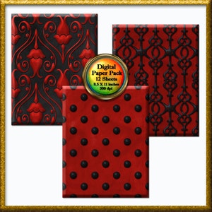 Digital Paper, Red Black Damask Digital Paper, Red & Black Digital ...