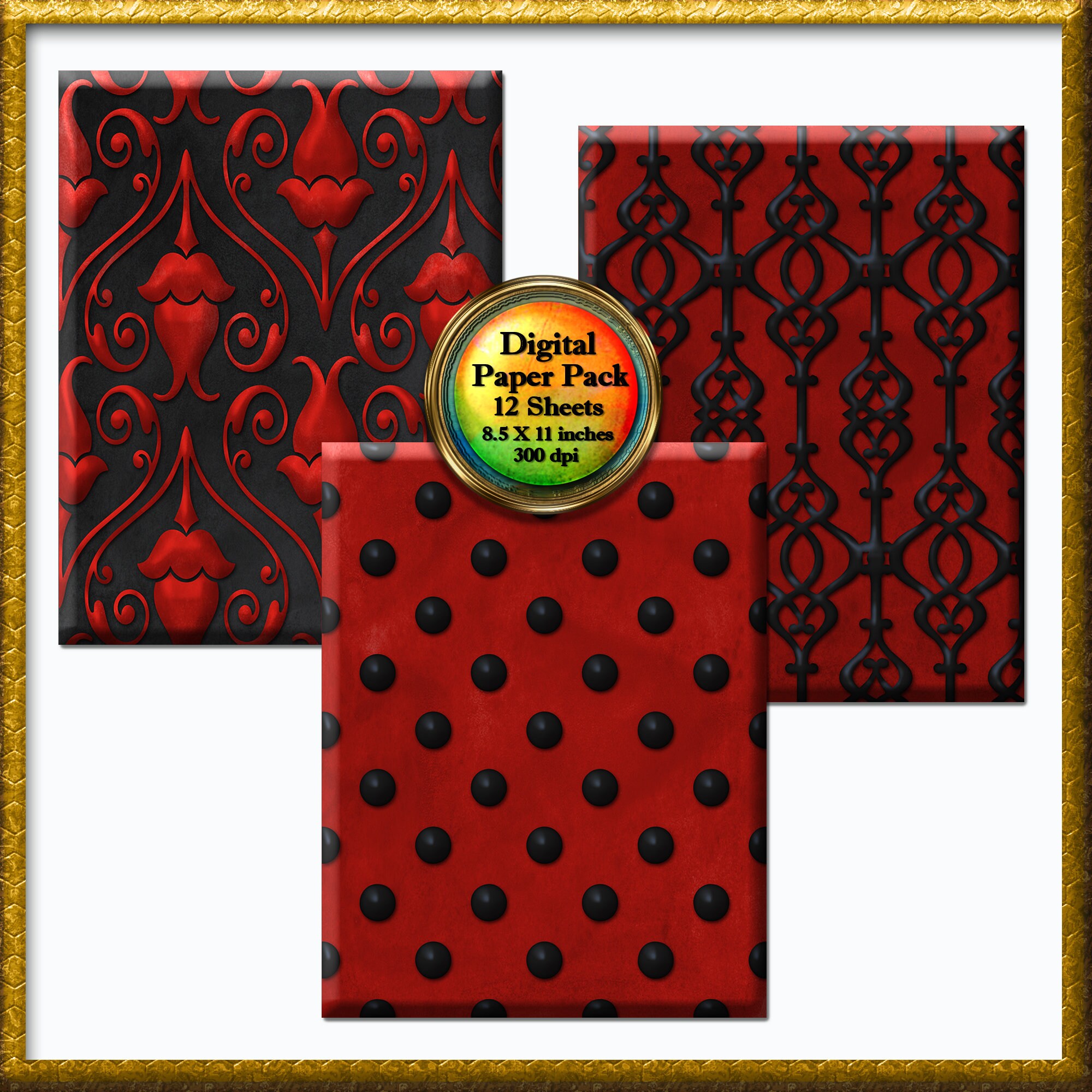 Digital Paper, Red Black Damask Digital Paper, Red & Black Digital ...