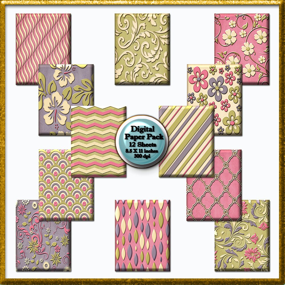 Digital Paper, Vintage Pink Green Scrapbook Paper Pack, Embossed Pink ...
