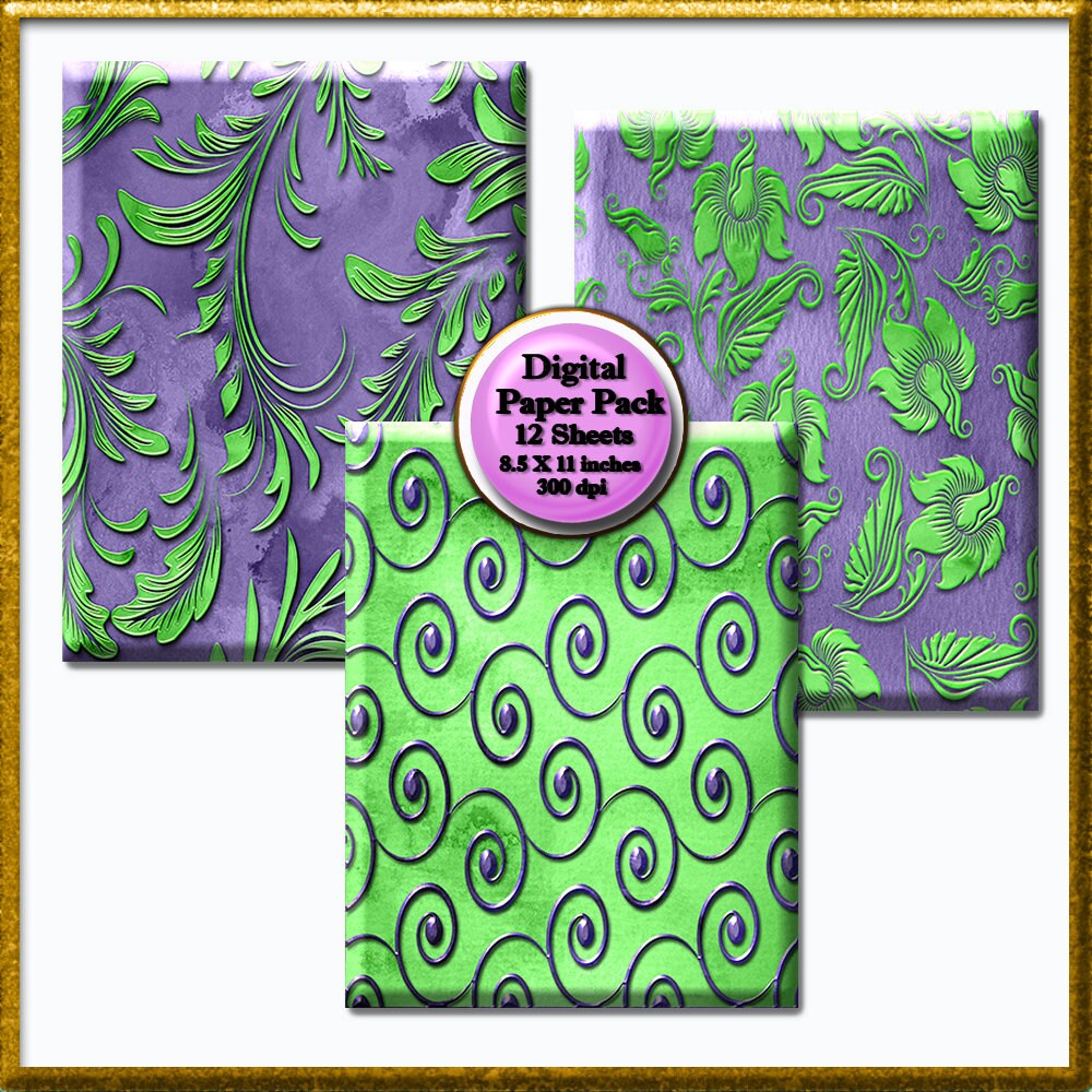 Digital Paper, Green Purple Digital Paper, Printable Scrapbook Paper ...