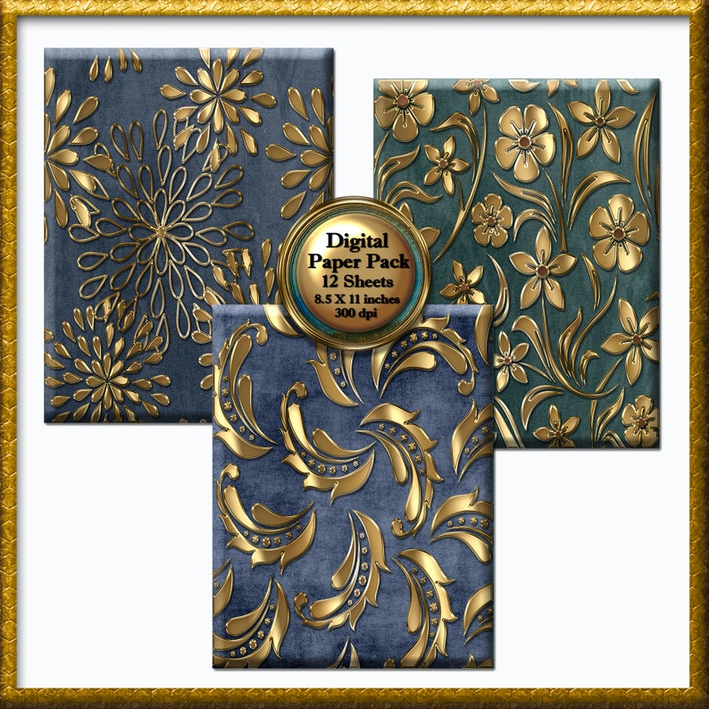 Digital Paper, Vintage Blue Gold Scrapbook Paper Pack, Embossed Floral ...