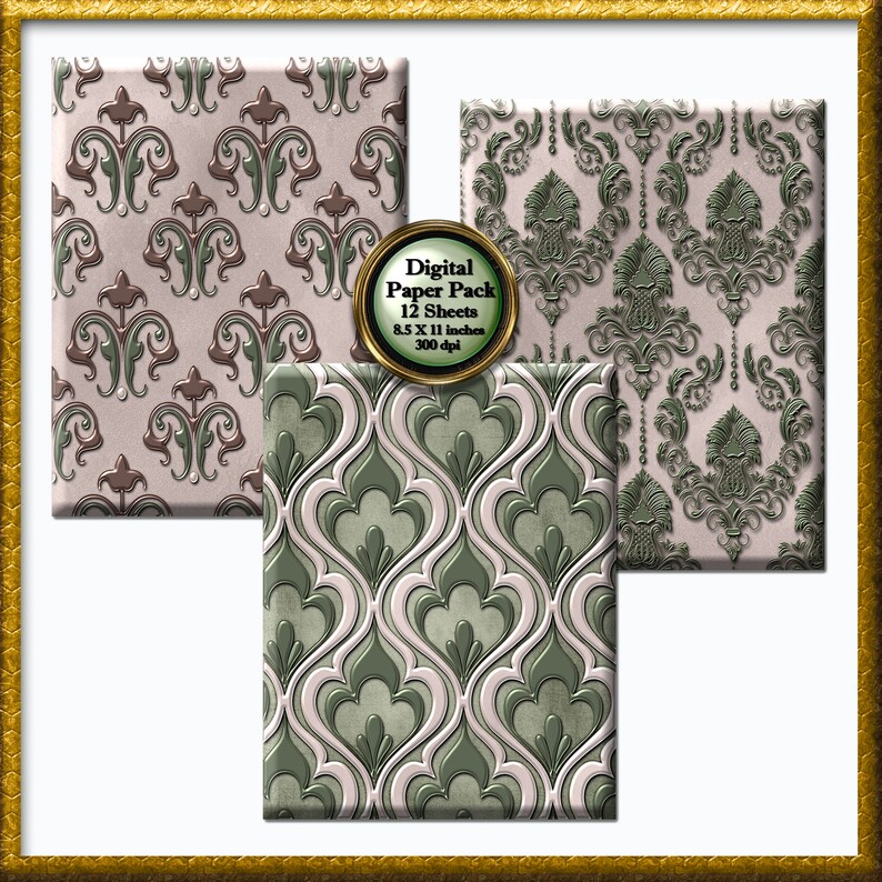Vintage Digital Paper, Green Beige Digital Paper Pack, Background ...