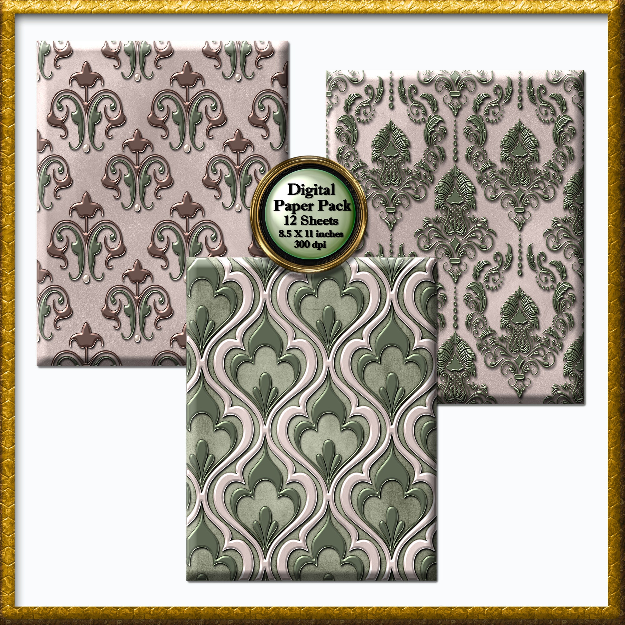 Vintage Digital Paper, Green Beige Digital Paper Pack, Background ...