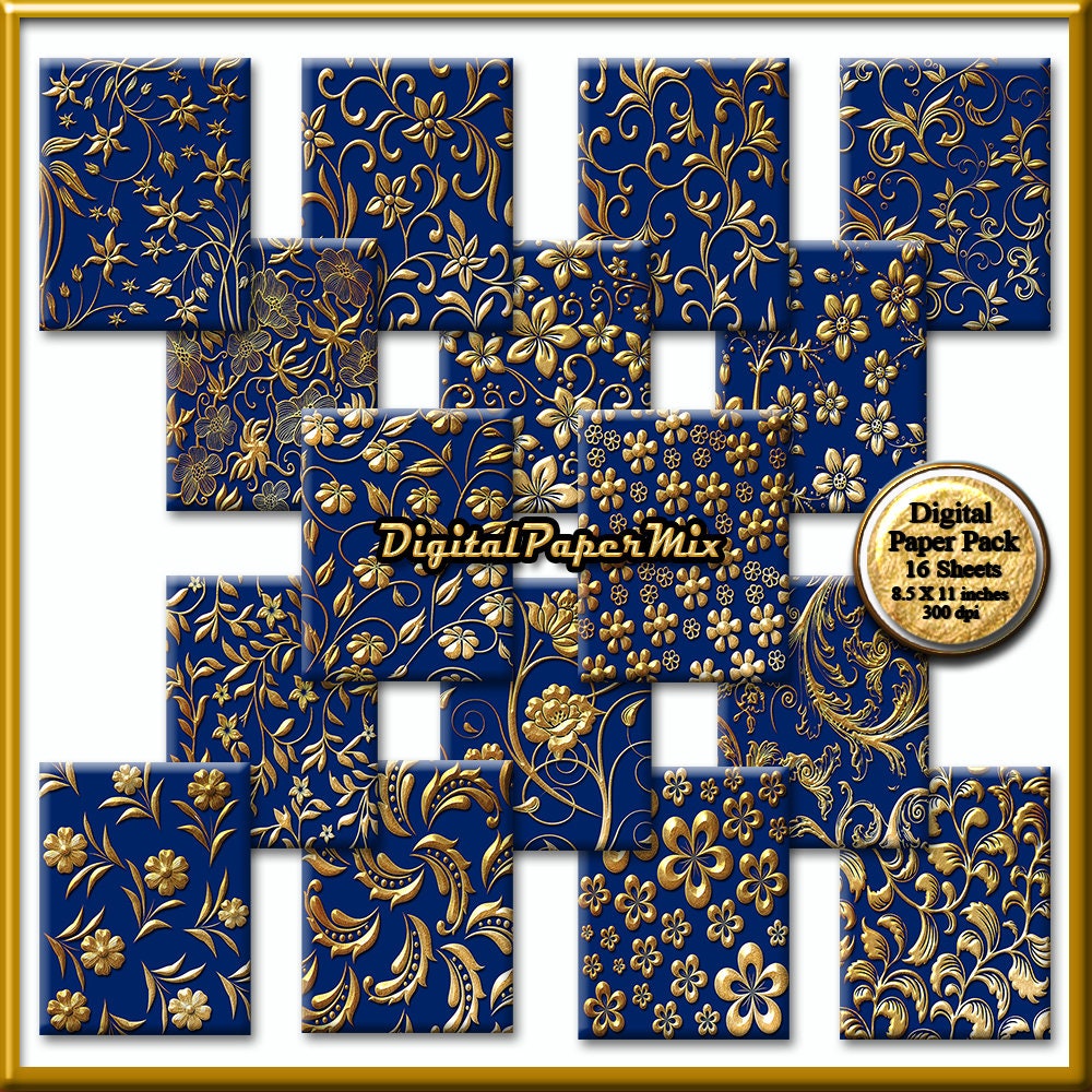 Gold Navy Blue Digital Paper, Gold Digital Paper Patterns, Gold Blue ...