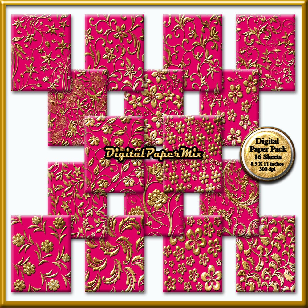 Gold Hot Pink Digital Paper, Digital Paper Backgrounds, Floral Patterns ...