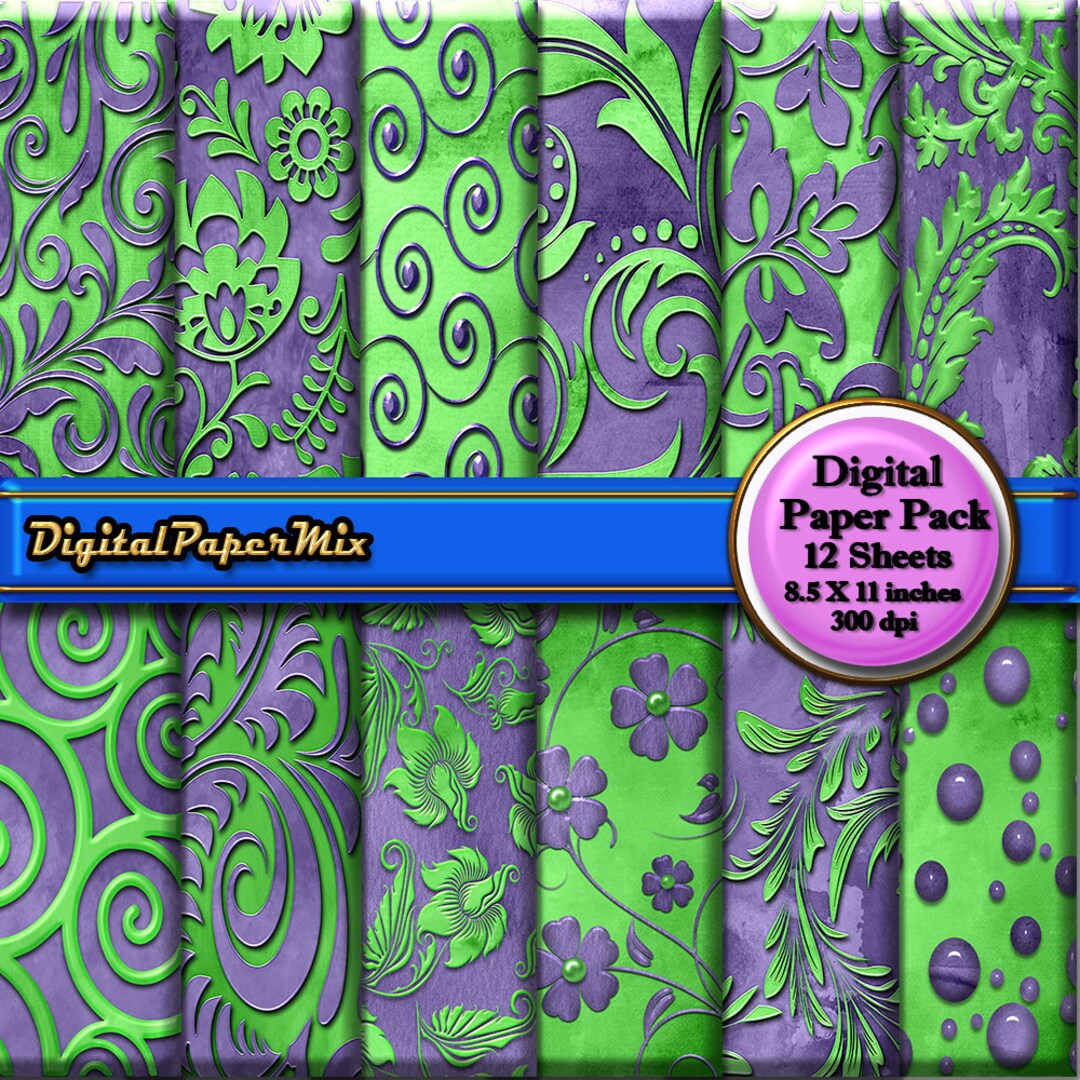 Digital Paper, Green Purple Digital Paper, Printable Scrapbook Paper ...