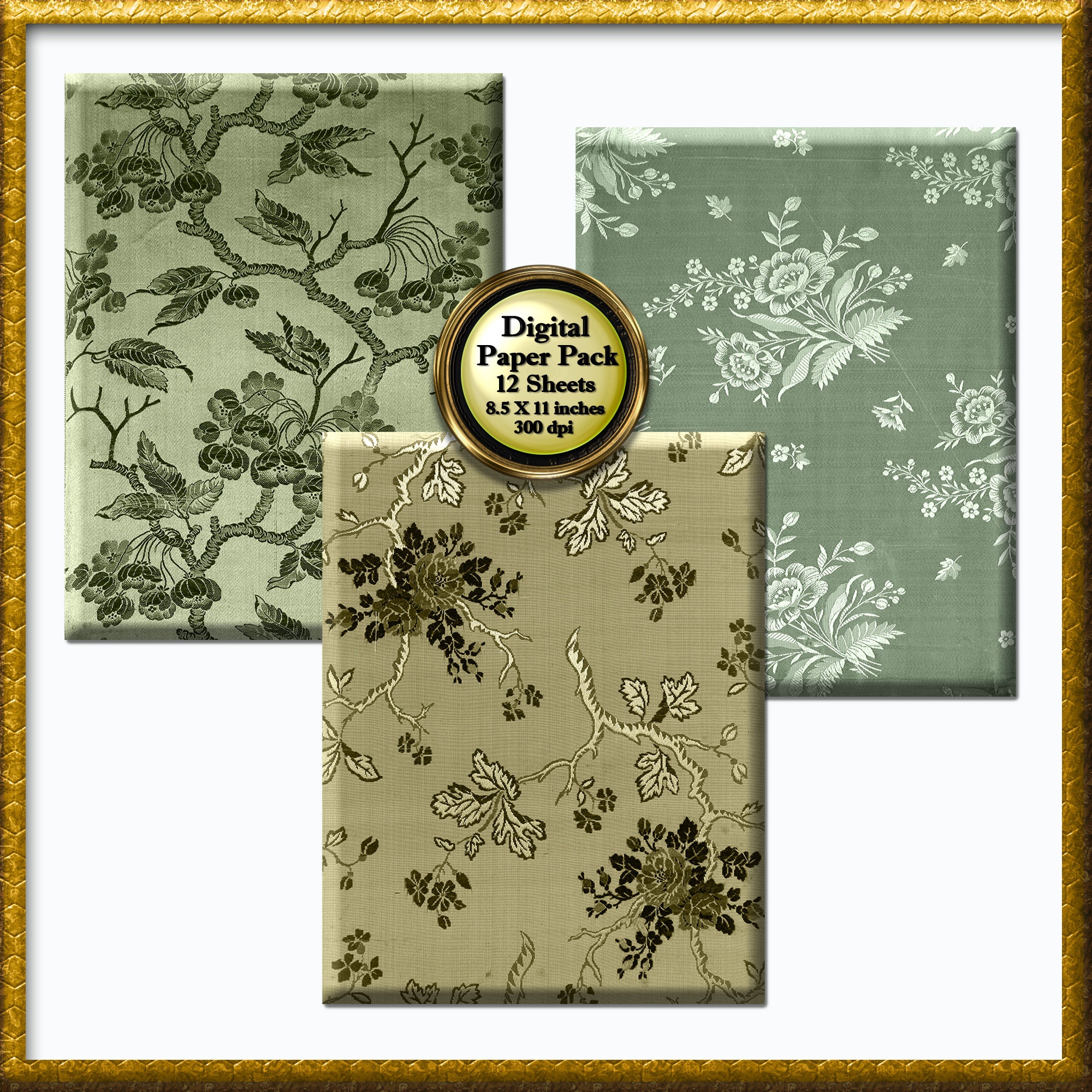 Vintage Green Digital Paper, Silk Fabric Digital Paper Pack Background ...