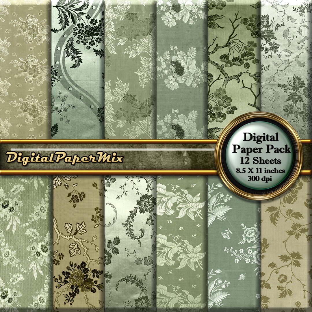 Vintage Green Digital Paper, Silk Fabric Digital Paper Pack Background ...