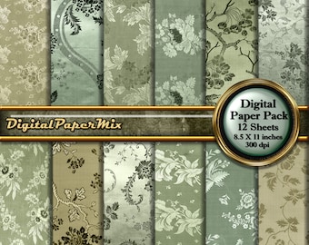 Vintage Green Digital Paper, Green Digital Paper Pack Background ...