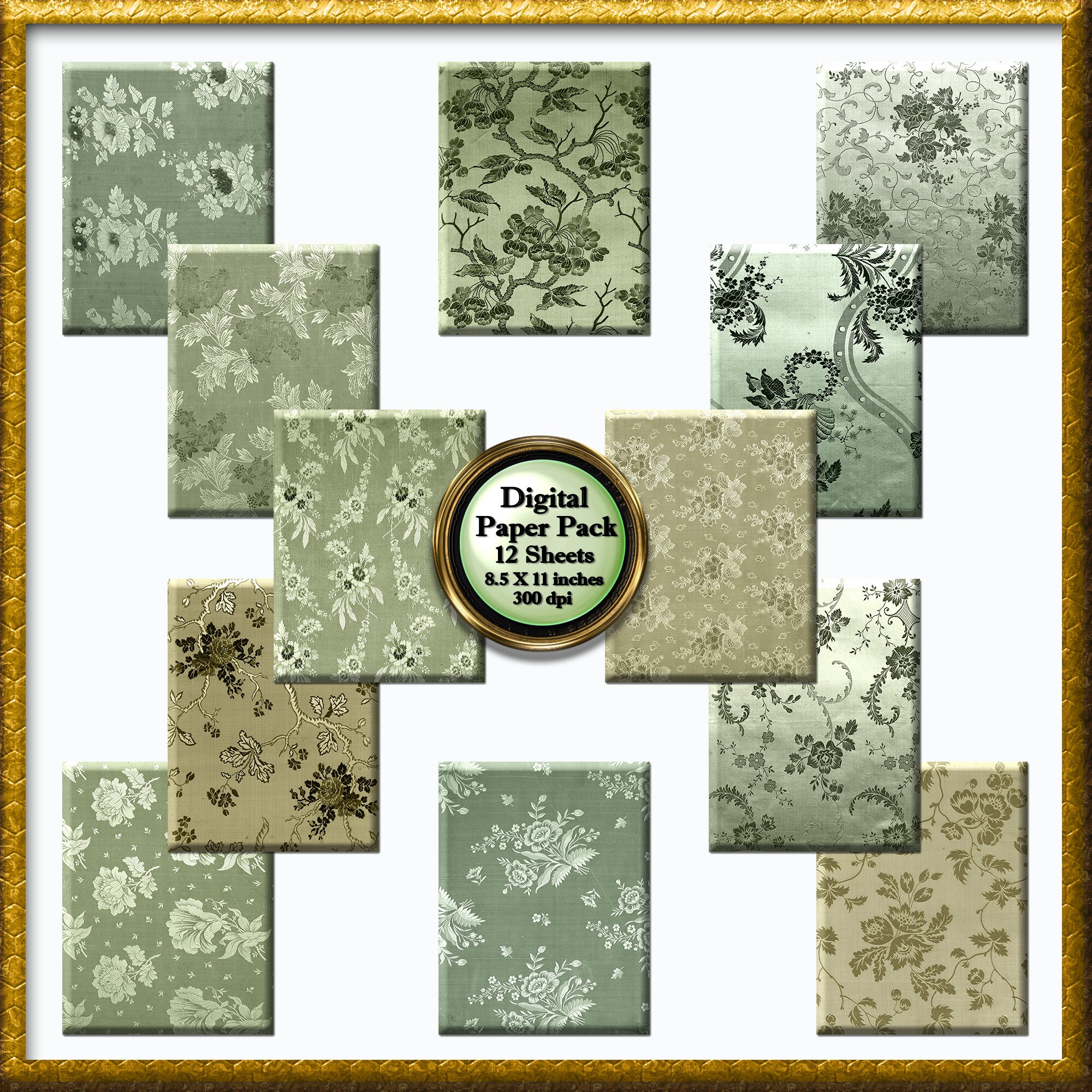 Vintage Green Digital Paper, Silk Fabric Digital Paper Pack Background ...