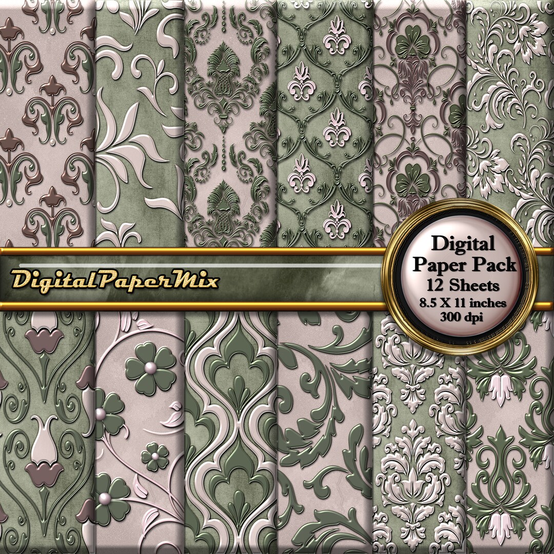 Vintage Digital Paper, Green Beige Digital Paper Pack, Background ...
