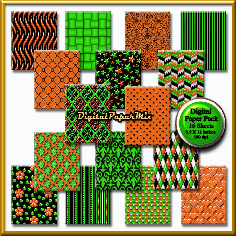 Orange Green Digital Paper, Orange Digital Paper Backgrounds, Damask ...
