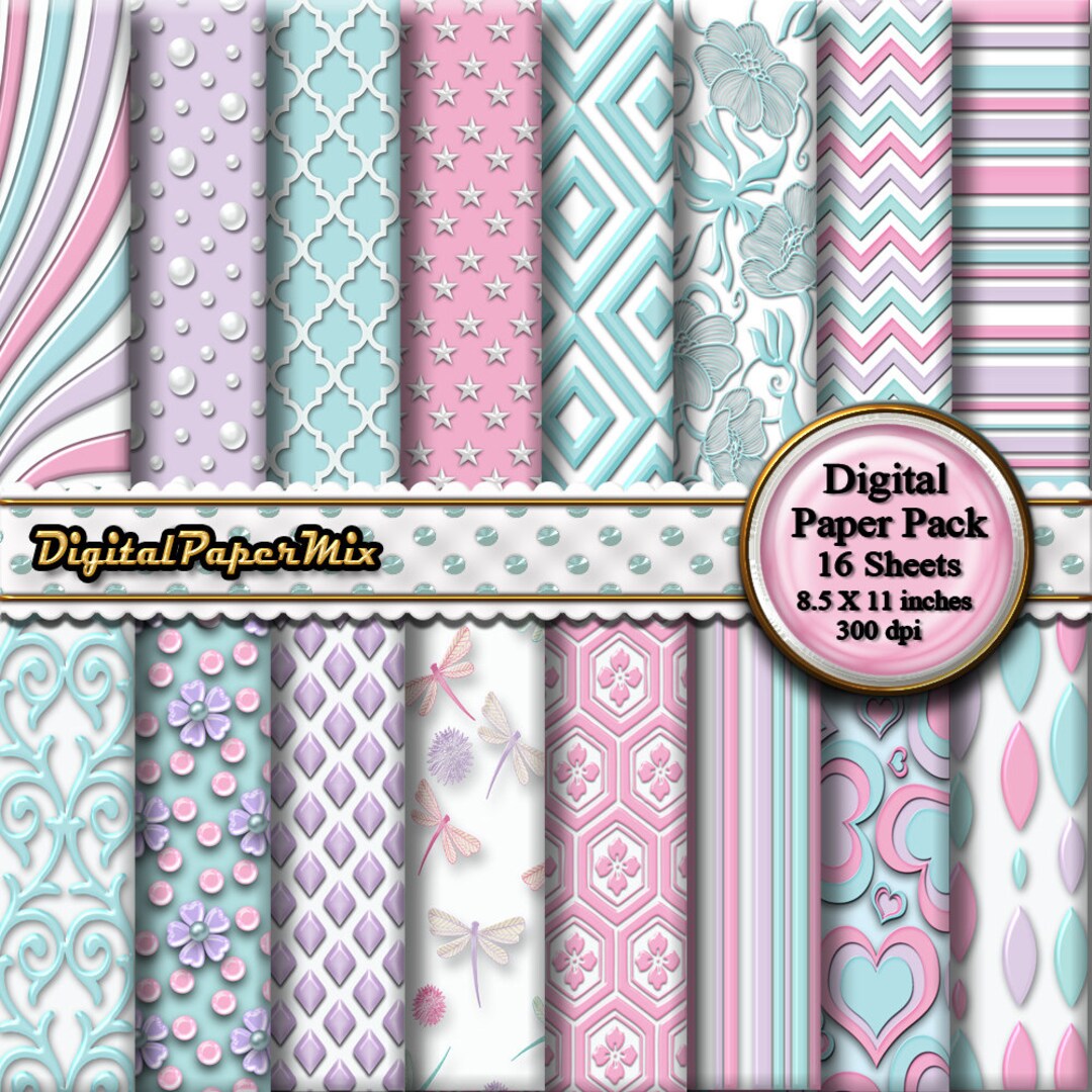 Aqua Pink Digital Paper, Embossed Digital Paper, Pastel Paper ...