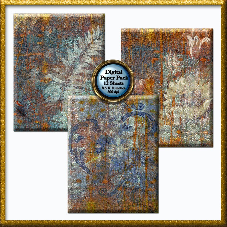 Rust Digital Paper, Distressed Floral Rust Scrapbook Paper Pack ...