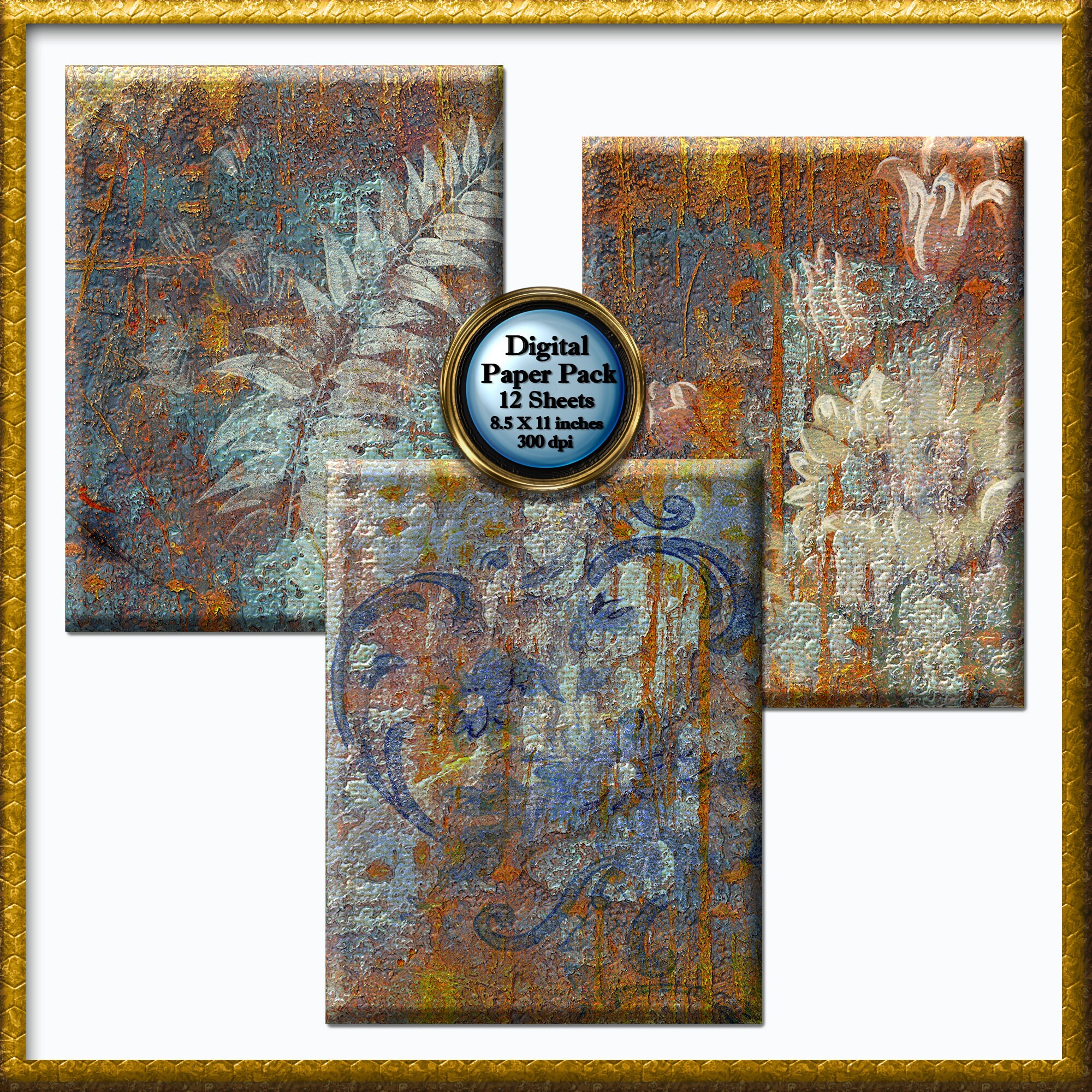 Rust Digital Paper, Distressed Floral Rust Scrapbook Paper Pack ...