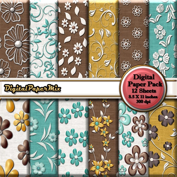 Aqua Brown Linen Digital Paper Floral Printable Paper Yellow | Etsy