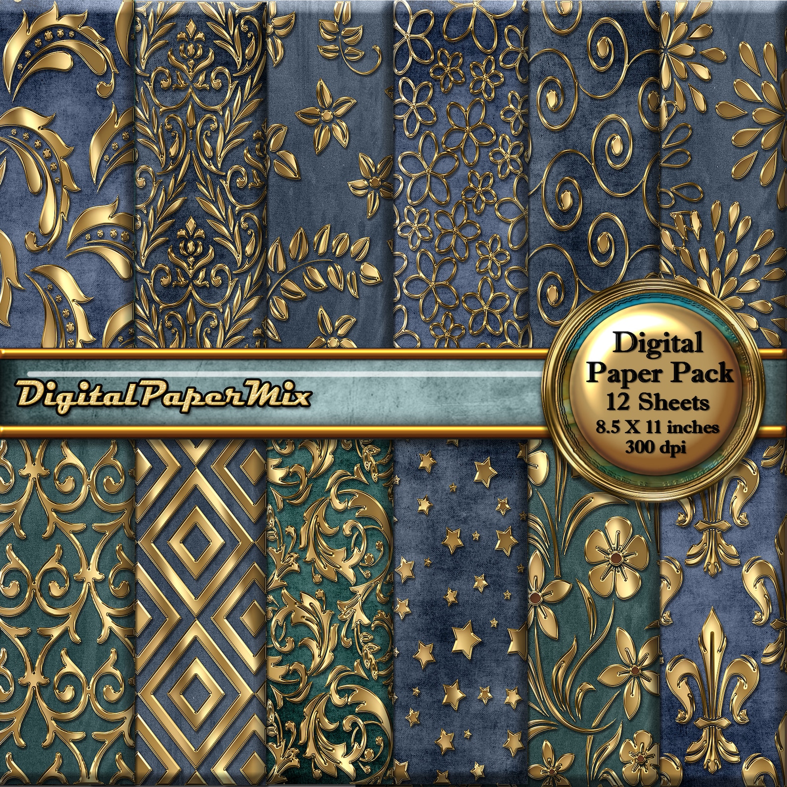 Digital Paper, Vintage Blue Gold Scrapbook Paper Pack, Embossed Floral ...
