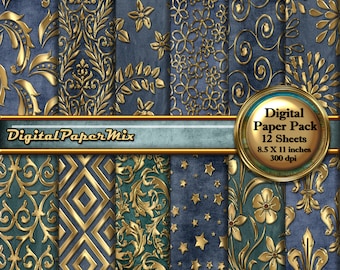 Gold Navy Blue Digital Paper, Gold Digital Paper Patterns, Gold Blue ...