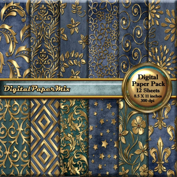 Digital Paper Vintage Blue Gold Scrapbook paper Pack | Etsy