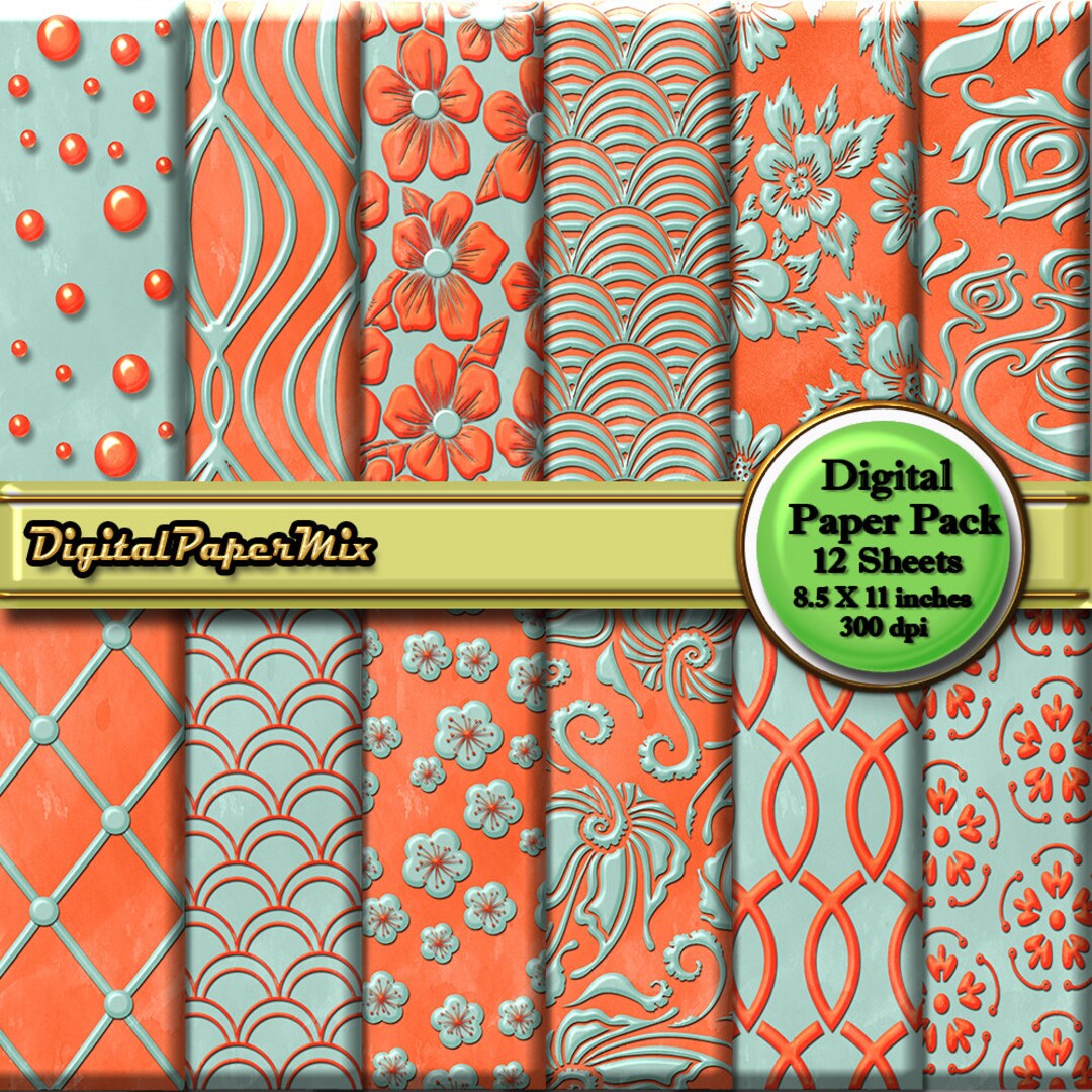 Digital Paper, Mint Green Orange Digital Paper, Printable Scrapbook ...