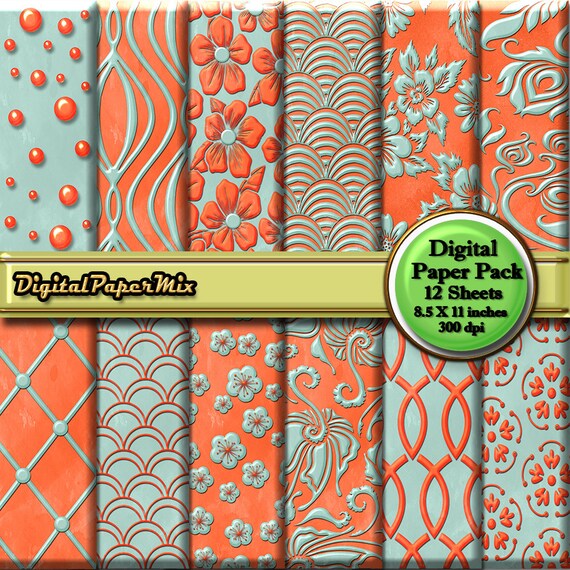 Digital Paper Mint Green Orange Digital Paper Printable | Etsy