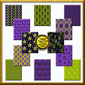 Digital Paper, Purple Lime Green Digital Paper, Printable Scrapbook ...