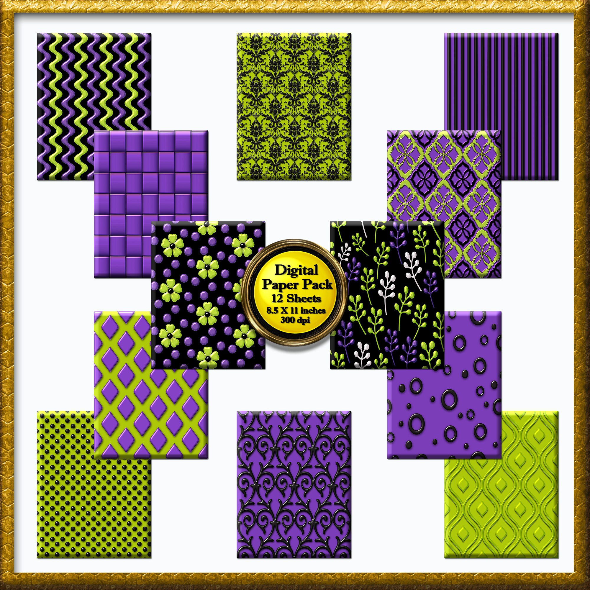 Digital Paper, Purple Lime Green Digital Paper, Printable Scrapbook ...