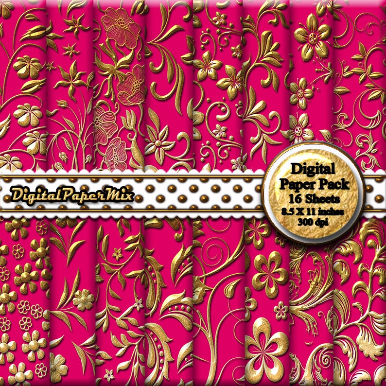 Gold Hot Pink Digital Paper, Digital Paper Backgrounds, Floral Patterns ...