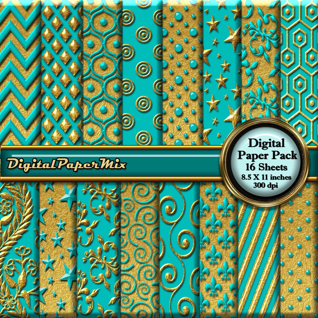 Gold Teal Digital Paper, Digital Paper Backgrounds, Digital Printable ...