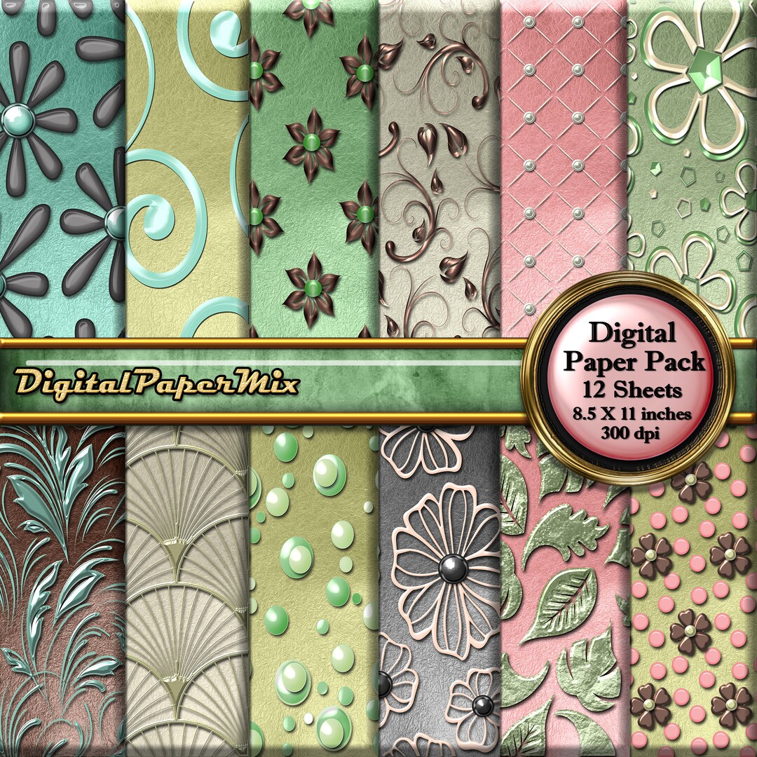 Pink Green Digital Paper, Metallic Floral Silver Scrapbook Paper Pack ...