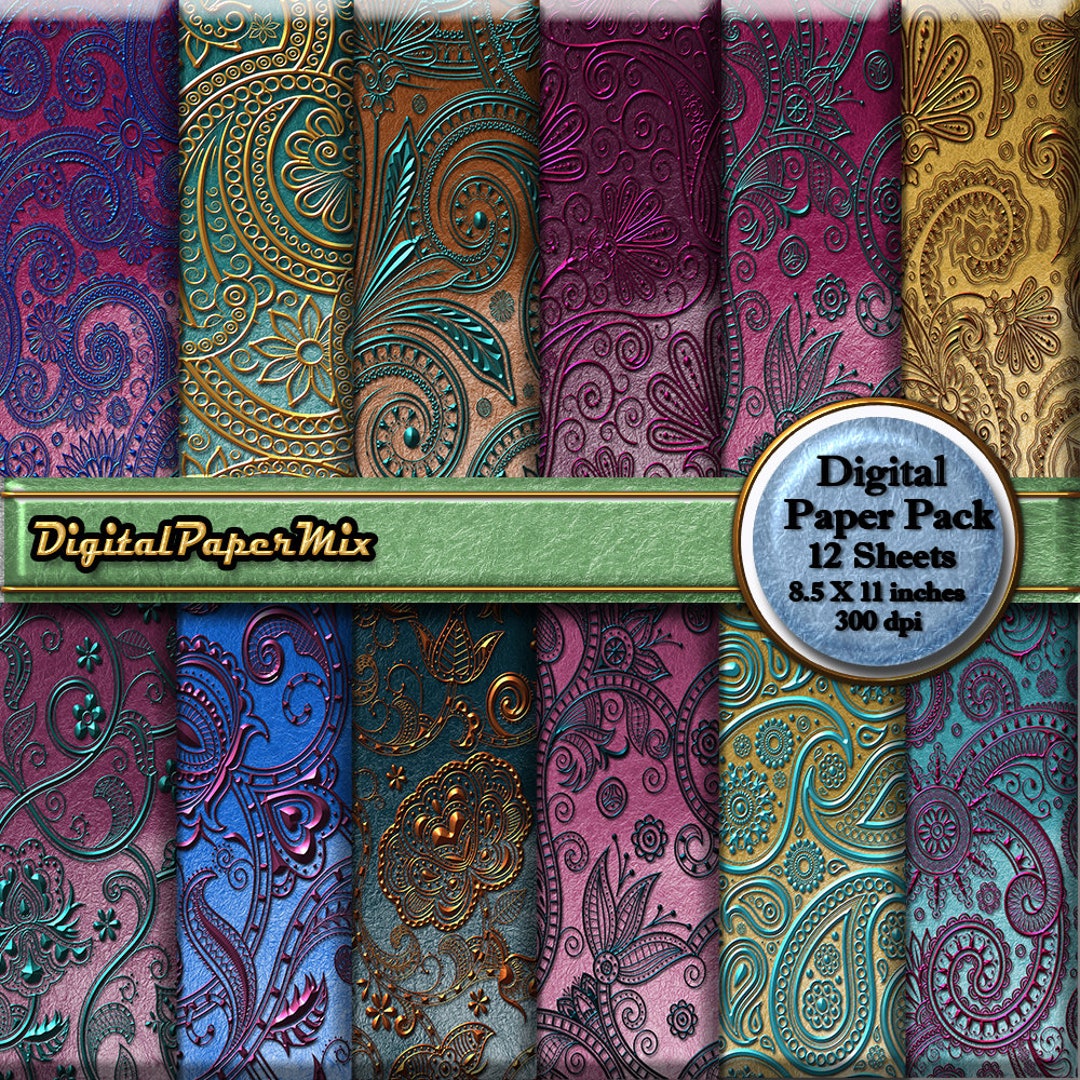 12 Metallic Damask Digital Paper Gold Scrapbook Paper Pack, Embossed ...