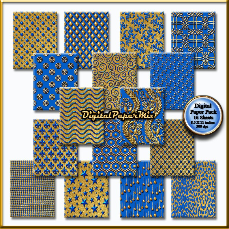 Blue Gold Digital Paper, Embossed Digital Paper Backgrounds, Printable ...