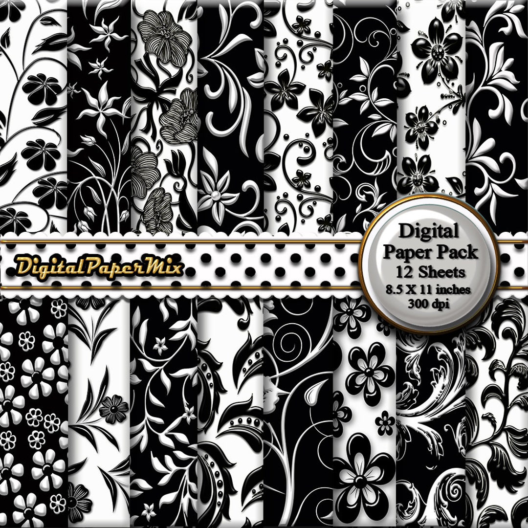 Black White Digital Paper, Floral Digital Paper Backgrounds, Printable ...