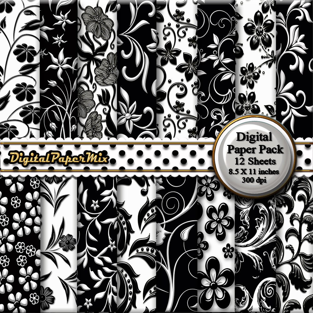 Black White Digital Paper, Floral Digital Paper Backgrounds, Printable ...