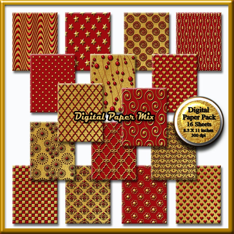 Gold Red Digital Paper, Digital Paper Backgrounds, Damask Patterns ...