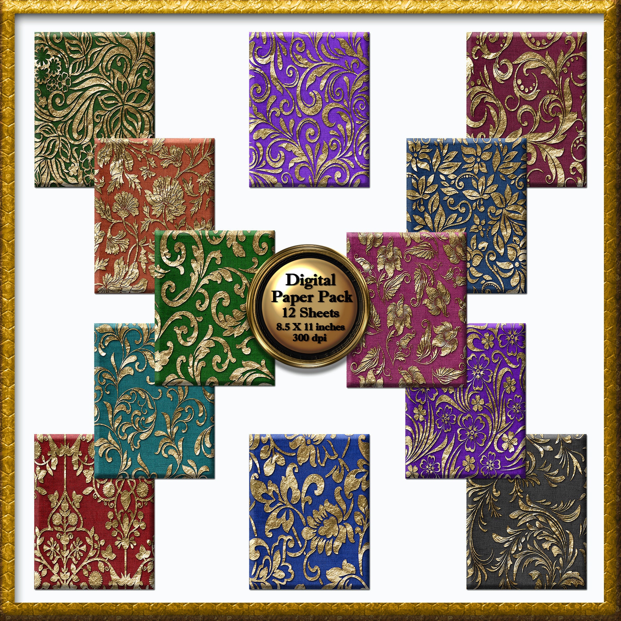 Digital Paper, Multi Color Gold Scrapbook Paper Pack, Floral Gold ...