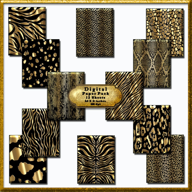Animal Print Digital Paper, Gold Black Scrapbook Paper, Metallic Gold ...