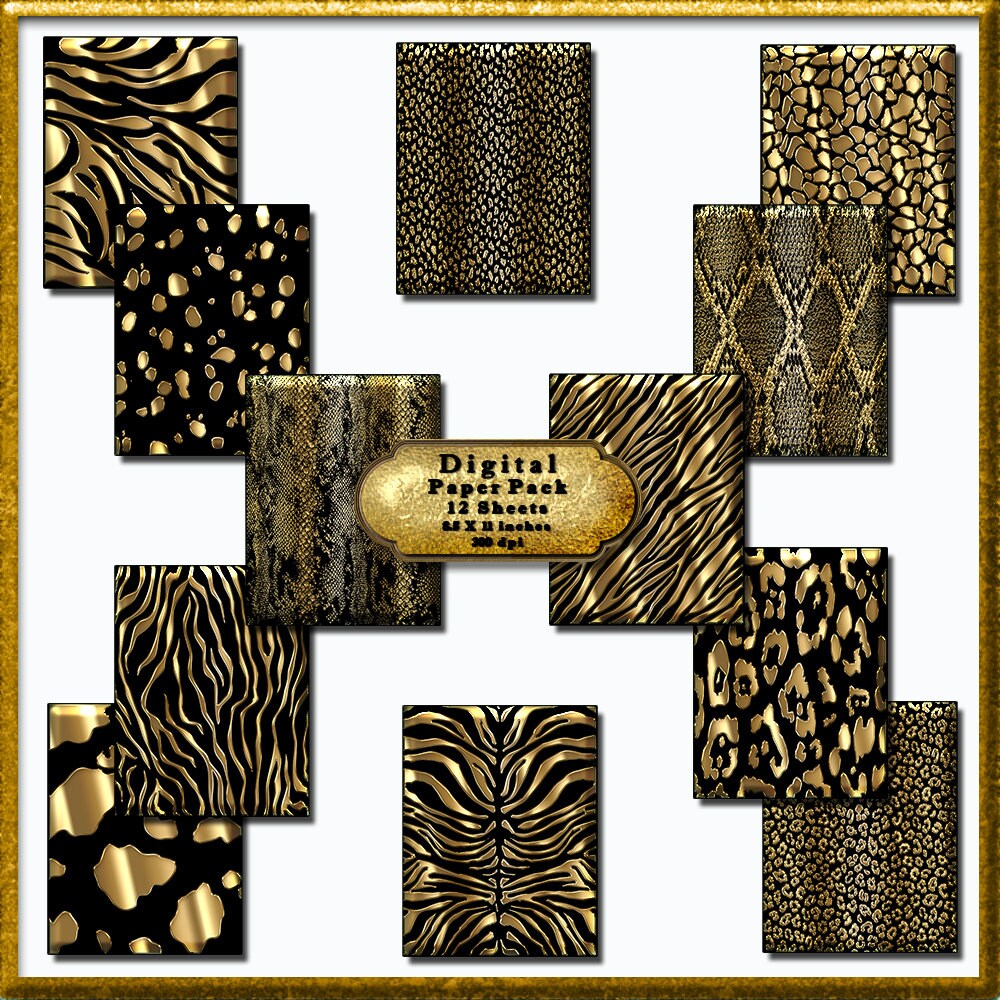 Animal Print Digital Paper, Gold Black Scrapbook Paper, Metallic Gold ...
