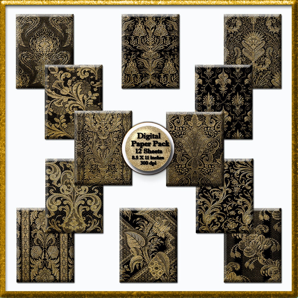 12 Black Gold Digital Paper, Vintage Fabric Digital Paper Background ...