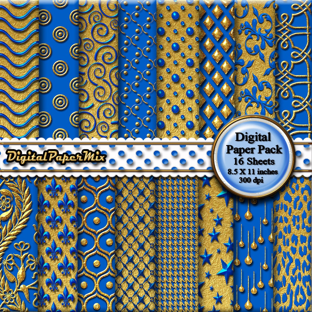Blue Gold Digital Paper, Embossed Digital Paper Backgrounds, Printable ...