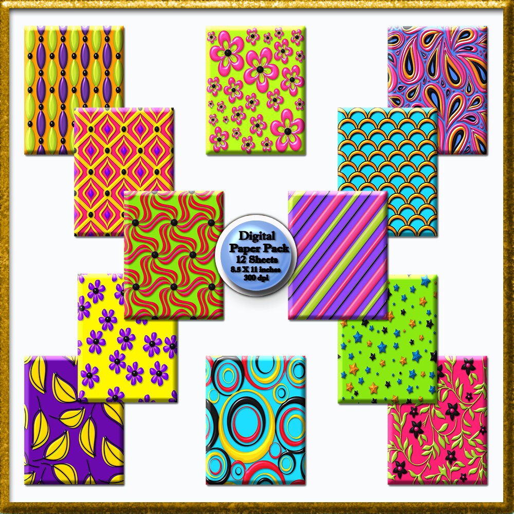 Digital Paper, Neon Multi Colors Digital Paper Background, Rainbow ...