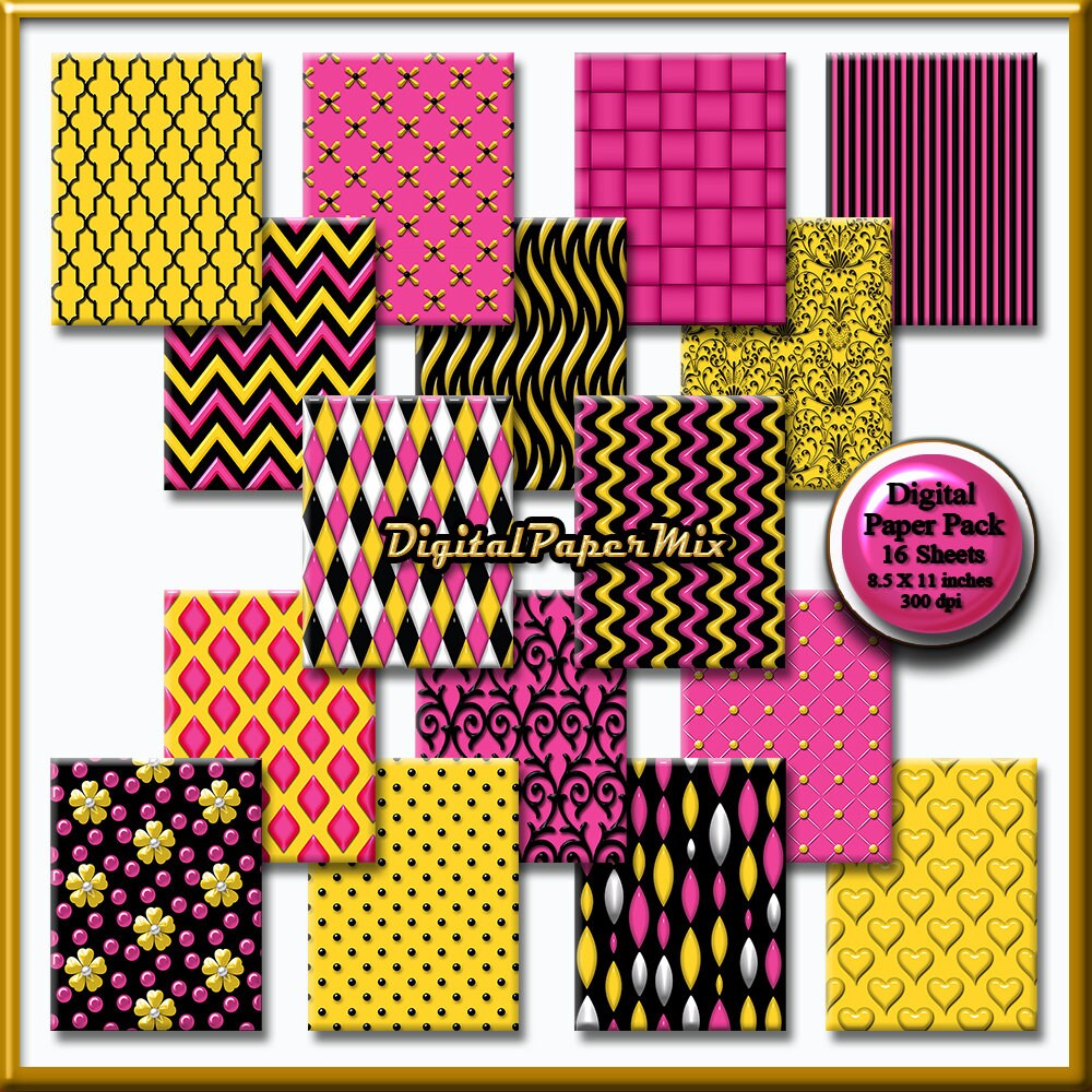 Pink Yellow Digital Paper, Pink Digital Paper Backgrounds, Yellow ...