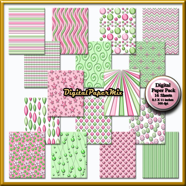 Pink Green Digital Paper, Pink Digital Paper Backgrounds, Green ...
