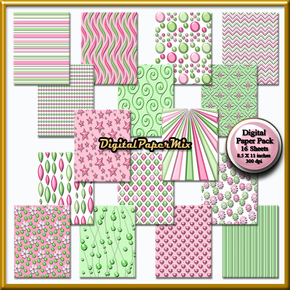 Pink Green Digital Paper, Pink Digital Paper Backgrounds, Green ...