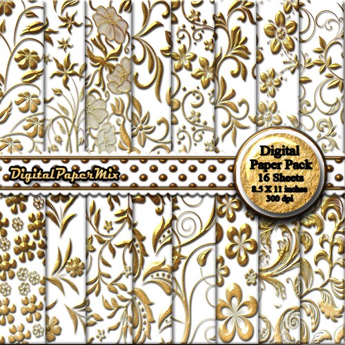 Gold Damask Digital Paper Pack Instant Download Swirls Floral - Etsy