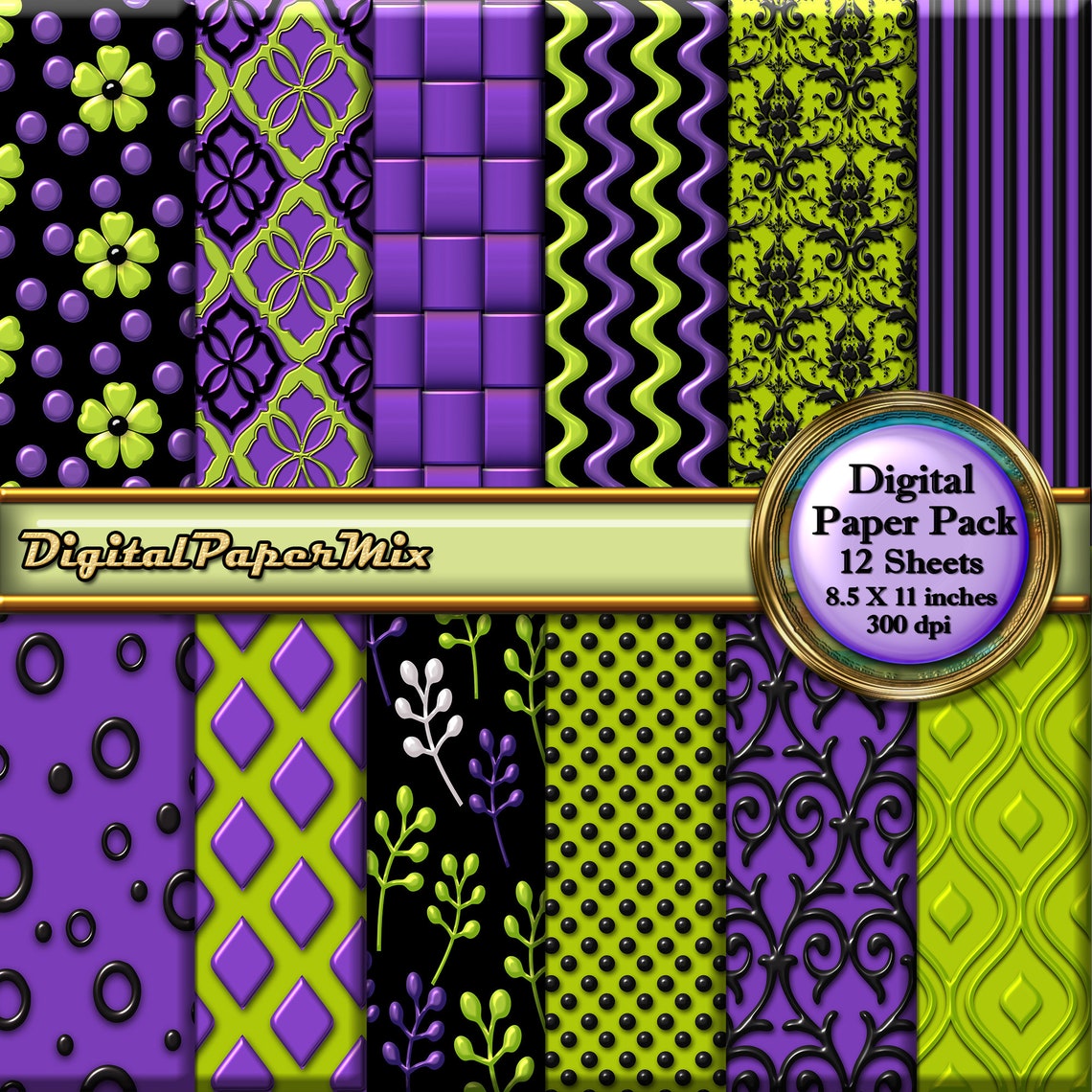 Digital Paper, Purple Lime Green Digital Paper, Printable Scrapbook ...