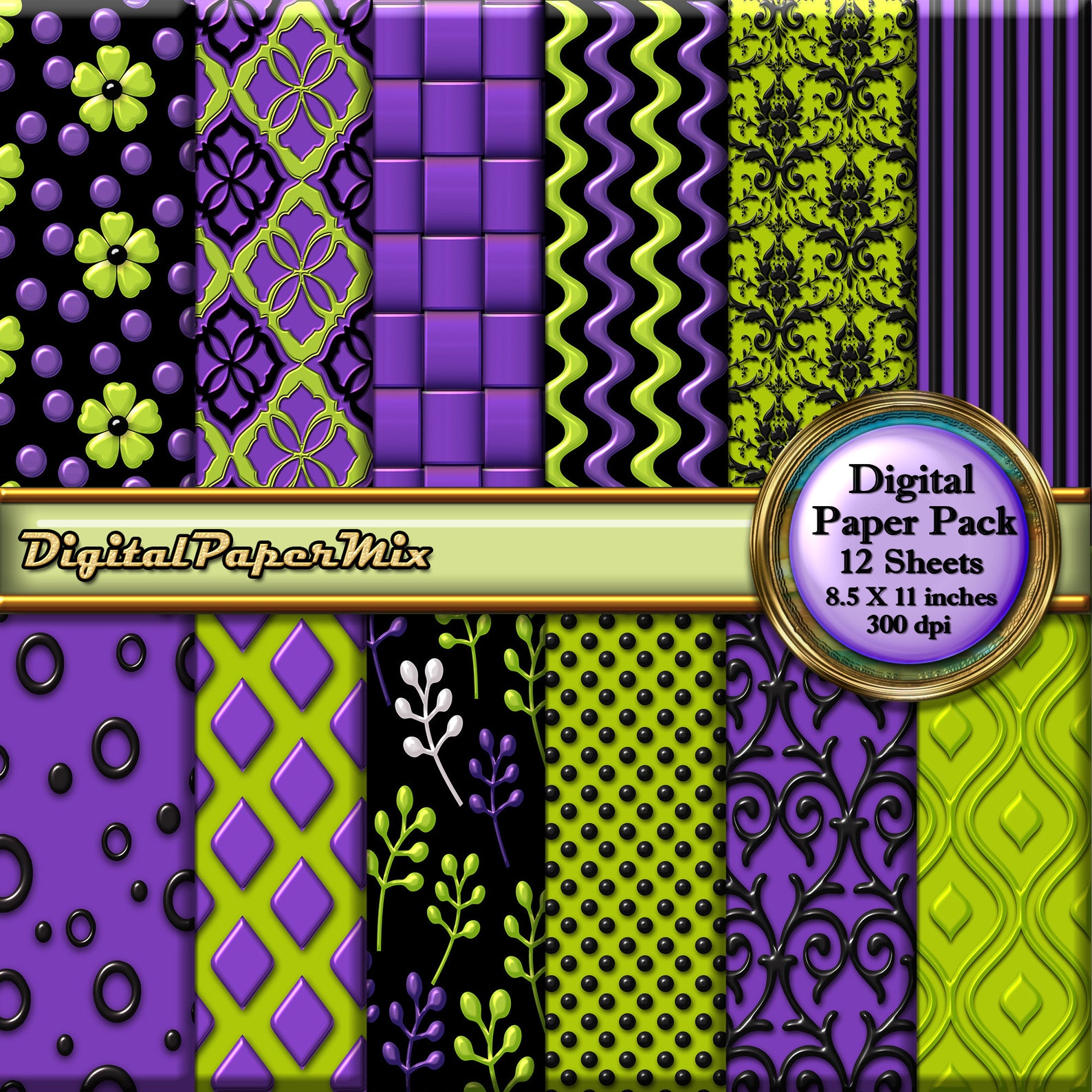 Digital Paper, Purple Lime Green Digital Paper, Printable Scrapbook ...